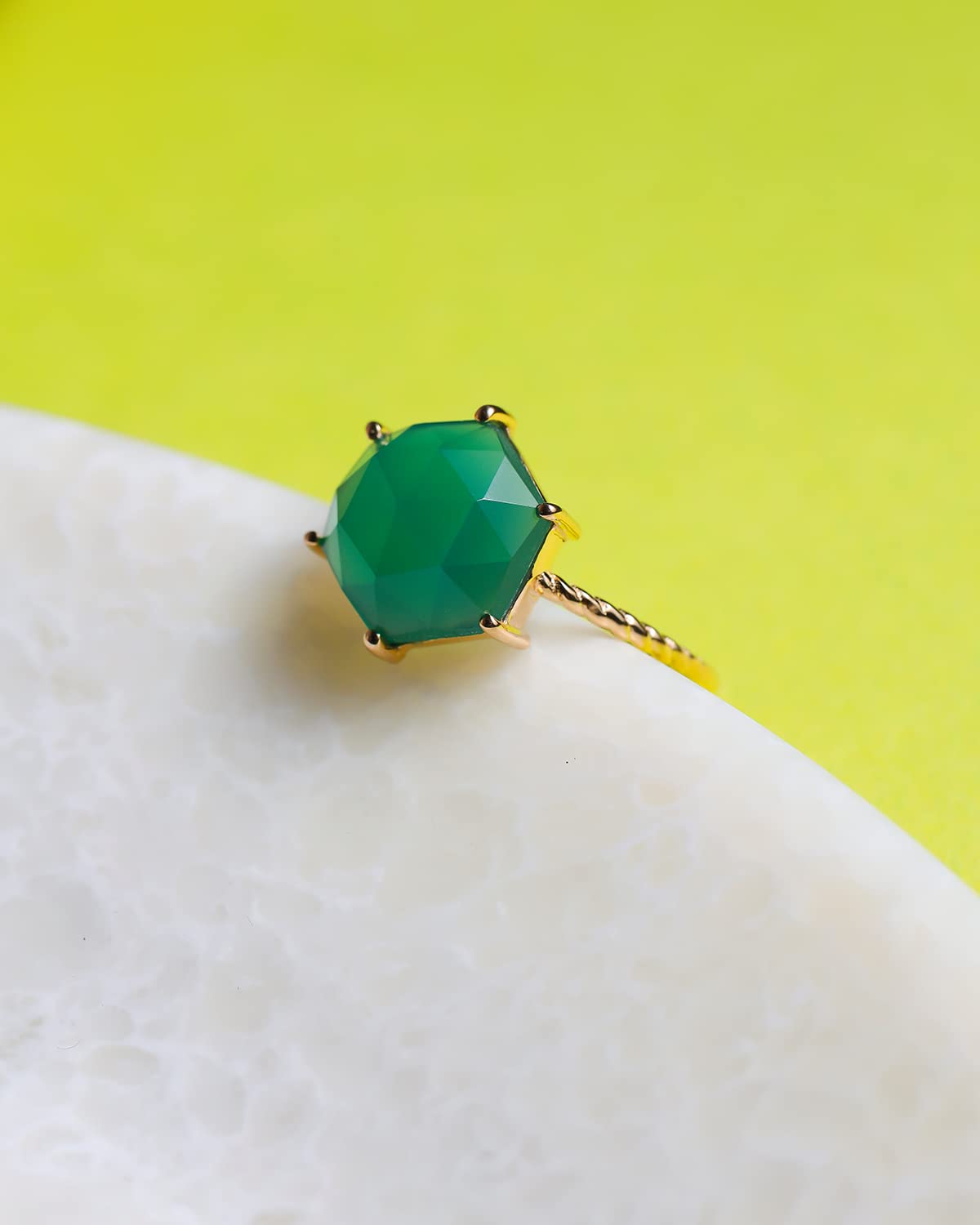 YoTreasure Natural Green Onyx Hexagon Solitaire Ring Gold Plated over 925 Sterling Silver jewelry
