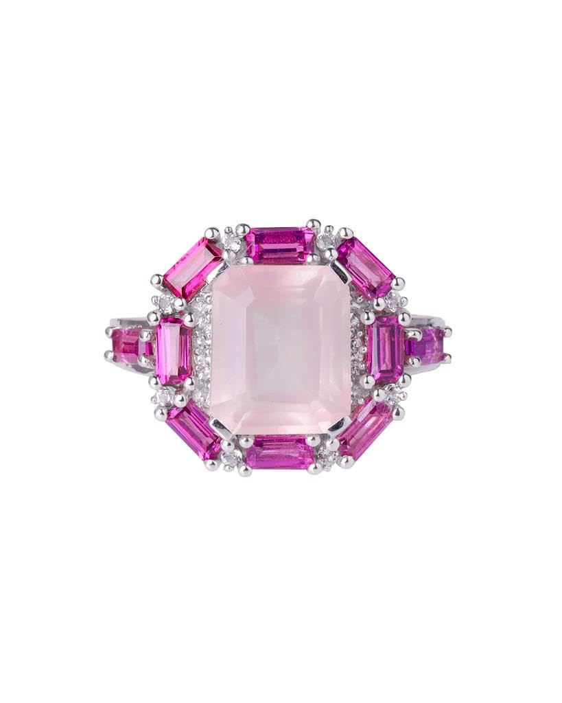 YoTreasure Rose Quartz Rhodolite White Topaz 925 Sterling Silver Chunky Ring Jewelry