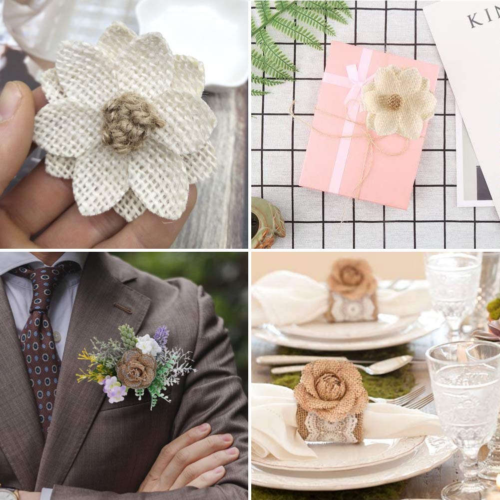 VGOODALL 32 PCS Natural Burlap Flowers Set,Burlap Lace Flowers Bowknot,for Wedding Party Decor Home,Embellishment DIY Crafts
