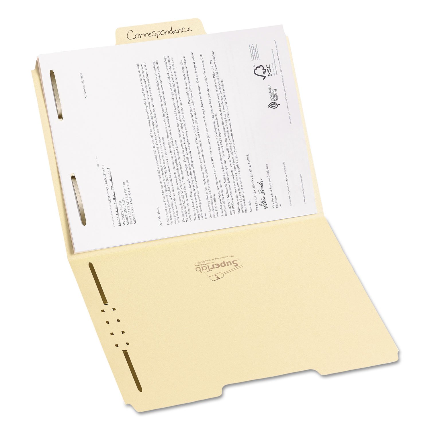 Smead SuperTabĀ® Fastener File Folder, 2 Fasteners, Oversized Reinforced 1/3- Cut Tab, Guide Height, Letter Size, Manila, 50 Each per Box (14535)
