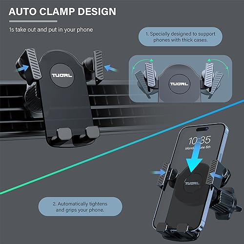 TUORL Universal Car Phone Mount, Compatible with 99% Air Vents, Adjustable 360-degree Swivel Head, Fits All Smartphones, Black