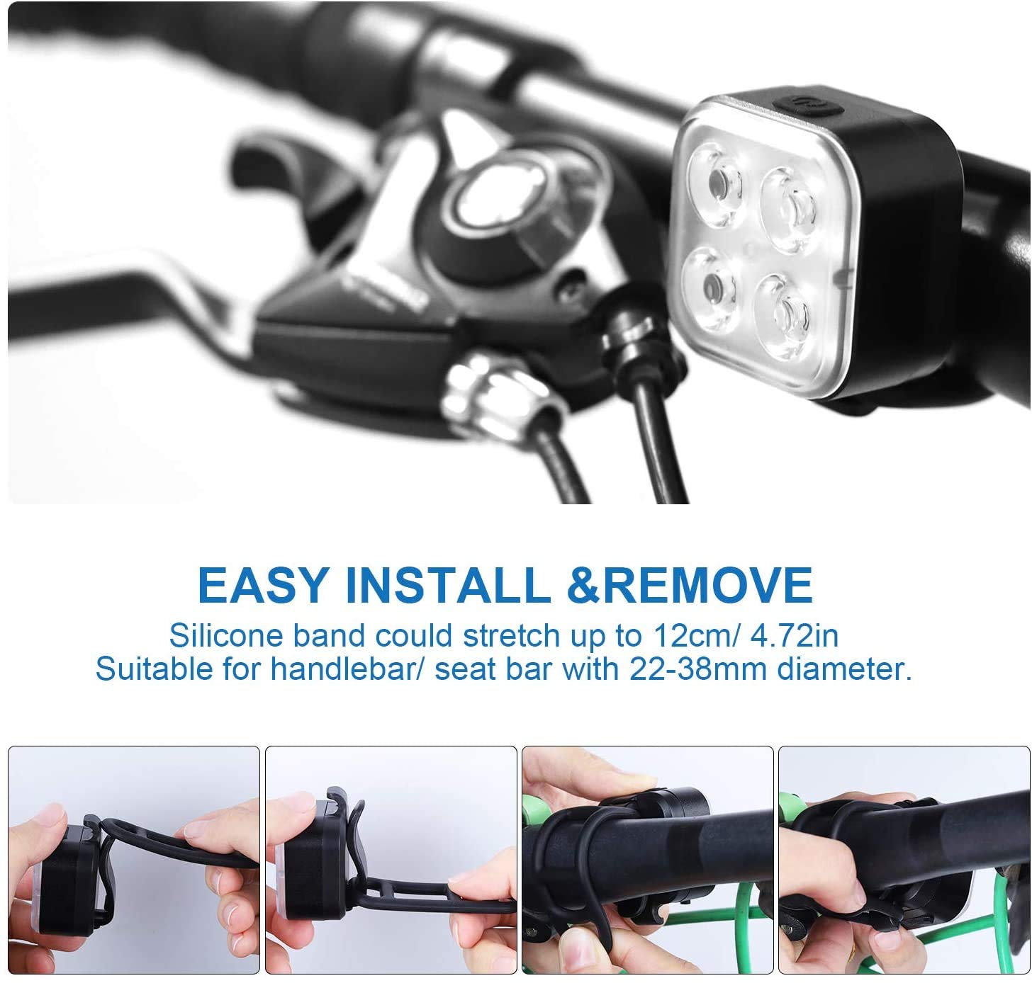 Teshudi Bike Light Set, Rechargeable Bike Lights Front and Back, Super Bright Bicycle Lights, Instant Install, Fits All Bikes, 4 Light Mode, Waterproof, Lightweight, Durable