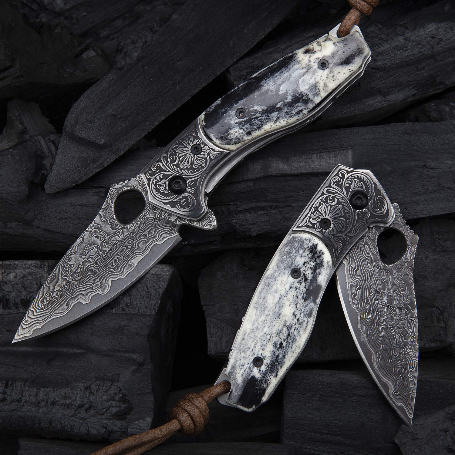 SPIRIT DEED EDC Pocket Knife for Men,2.5in Japanese Handmade VG0 Damascus Steel,Bone Handle,Liner Lock,Leather Sheath,Folding Knives for Camping and Hunting