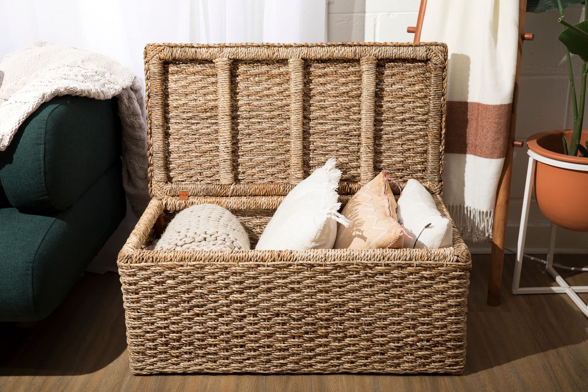 Wholestory Collective Handwoven Wicker 35" Banana Leaf Rattan Storage Trunk and Chest Seagrass XL Organizers with Lid, Natural Color with Handles