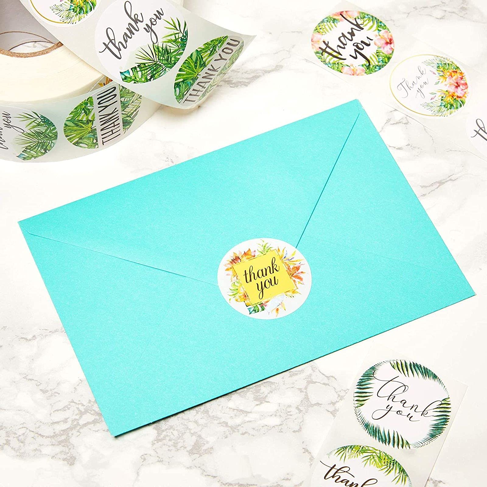 Thank You Stickers Roll with Tropical Leaves, Envelope Seals (1.5 Inches, 1000 Pack)