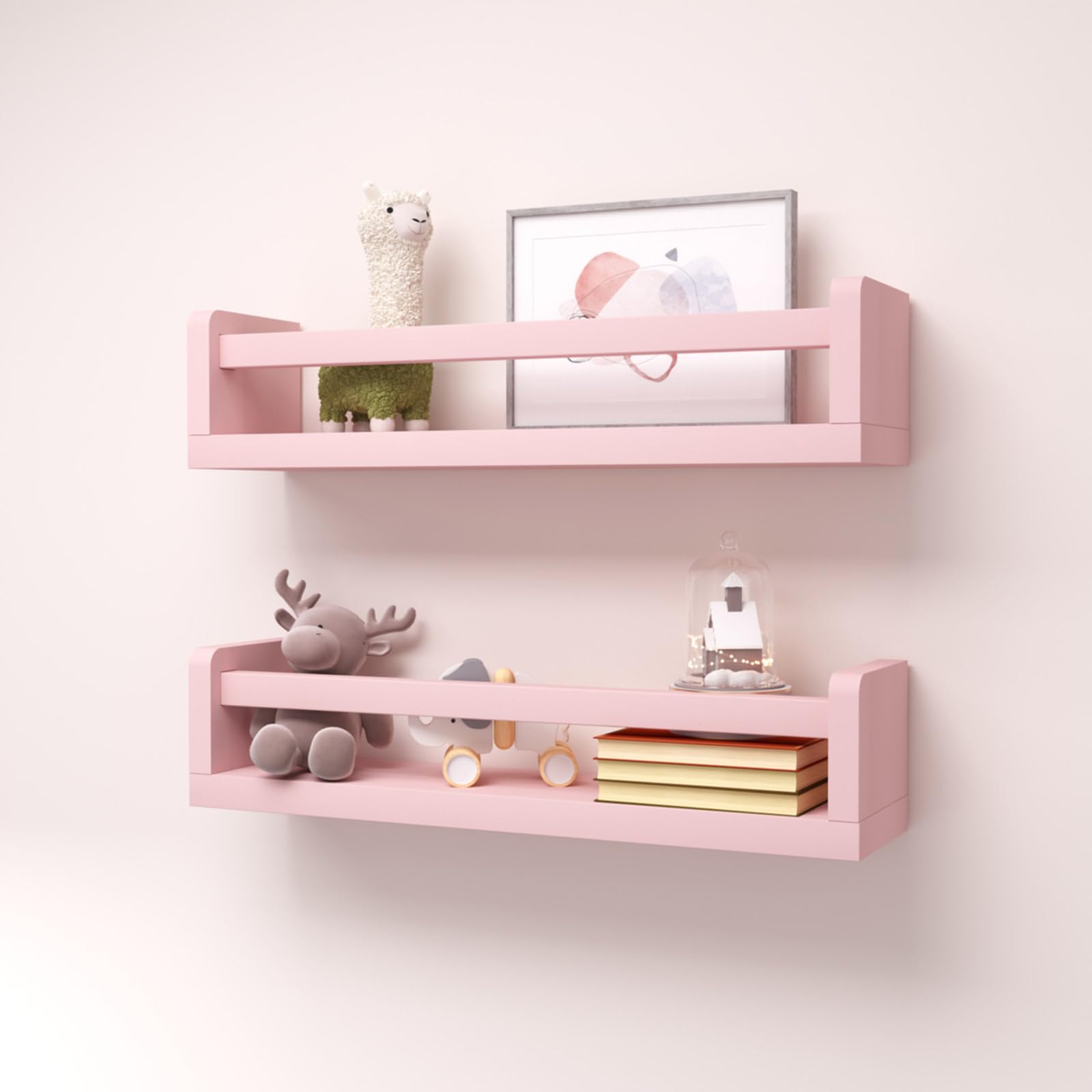 SAUMONIERES Nursery Book Shelves Solid Wood Floating Bookshelves for Wall Mounted Bookshelf for Kids Room, Pink, Set of 2