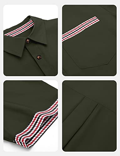 TUREFACE Casual Plaid Shirts for Men Plus Size Dress Shirt Short Sleeve Button Down Regular Fit Spread Collar Cotton Shirts(Olive Green,3XL)