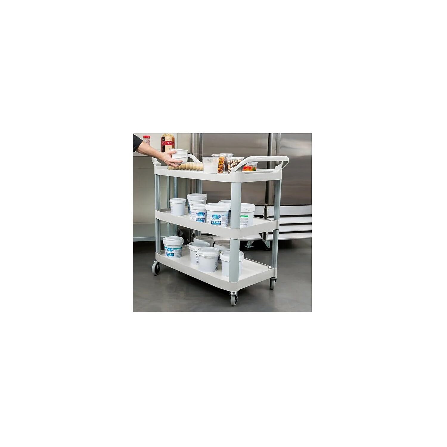 Rubbermaid Commercial Products Heavy Duty 3-Shelf Rolling Service/Utility/Push Cart, 300 lbs. Capacity, White, for Foodservice/Restaurant/Cleaning (FG409100OWHT)