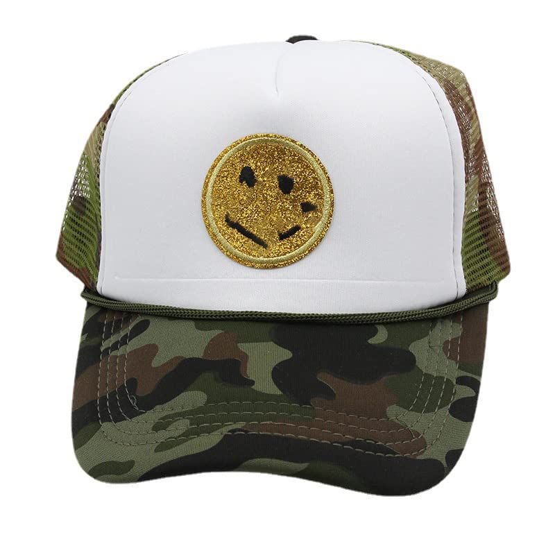 Yellow Glitter Face Hat High Crown Foam Mesh Trucker Hat Adjustable Snap Closure Cap for Men and Women (Camouflage)