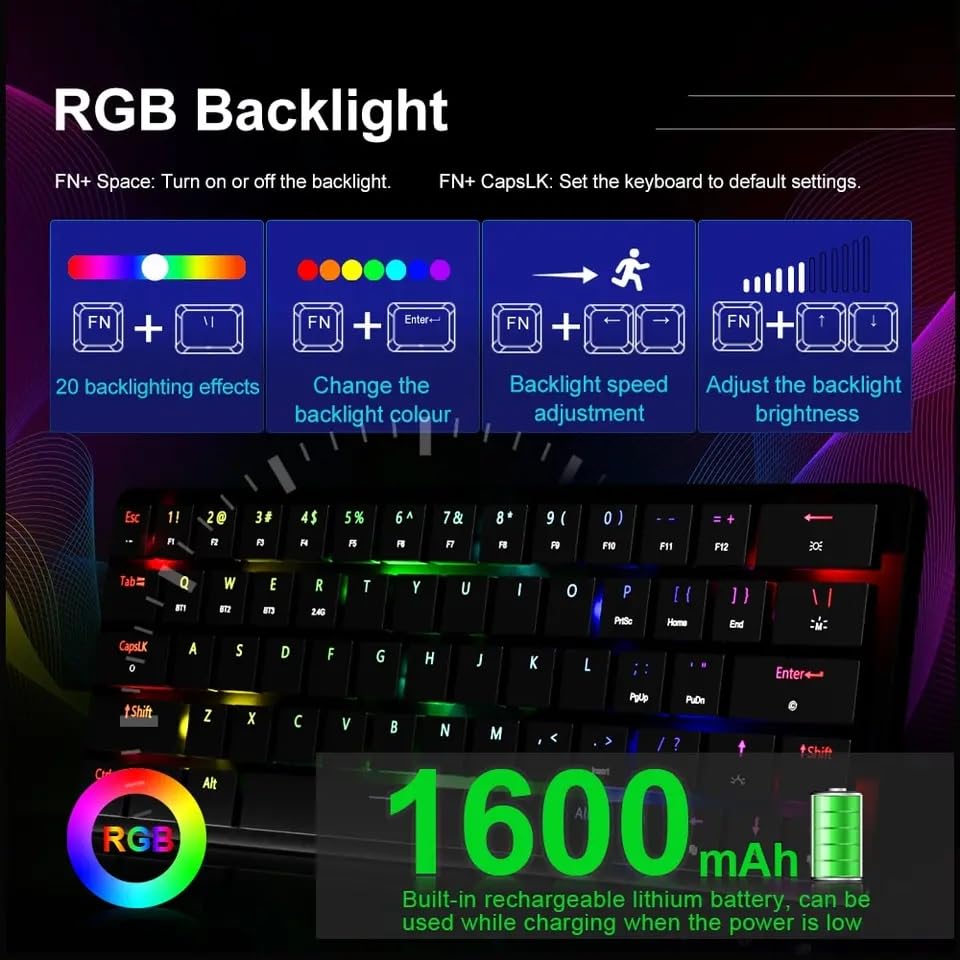 Redragon K624 60% Low Profile Slim Mechanical Gaming Keyboard Wired/Wireless 2.4G and Bluetooth hot swappable Slient Red Switches Backlit RGB with White Black 2 Sets of Keycap