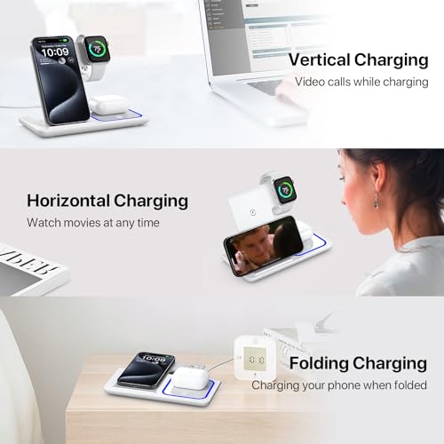 Wireless Charger, 3 in 1 15W Fast Charging Dock Stand for iPhone 15/14/13/12/11/Pro Max/XS/XR/X/8 Plus/8, Compatible with Apple Watch Series and AirPods 3/2/Pro (White)