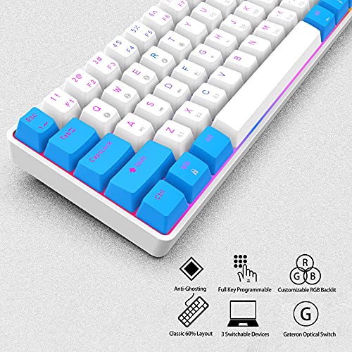 TMKB GK61 60% Wireless Mechanical Keyboard,RGB Backlit Bluetooth Mini Gaming Keyboard with Gateron Optical Switches,Rechargeable Compact Portable Keyboard 3 Devices Switchable for Windows/Mac/Android