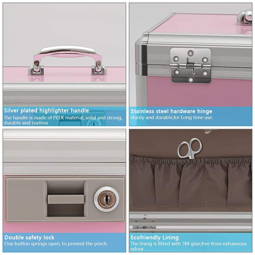 xydstay Medicine Lock Box, First Aid Safe Medication Storage Box,Layered Aluminum Daily Medicine Cabinet,Large Capacity Locking Medicine Storage Box for Family Use,14" x 7.9" x 8.7", Pink