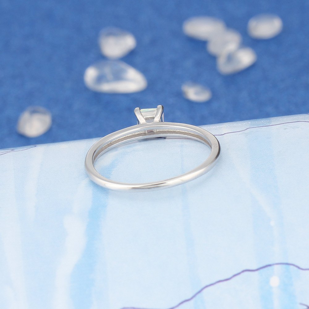 SILBERTALE Opal Ring 925 Sterling Silver Small Birthstone Princess Cut Opal Solitaire Promise Engagement Ring Women Stacking Wedding Band Size 7