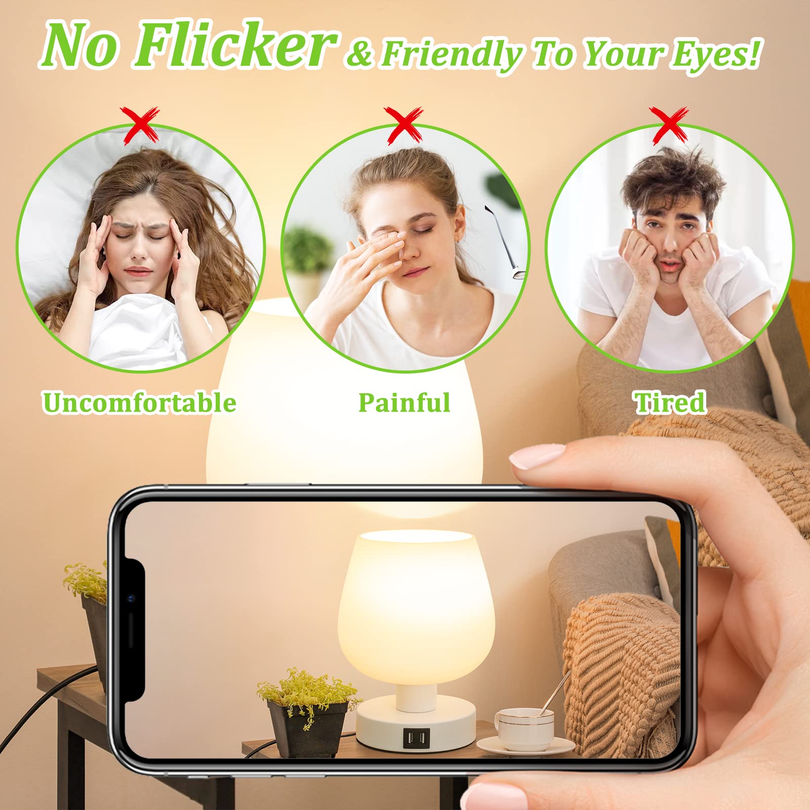 Touch Control Bedside Table Lamp with 2 USB Ports, Dimmable Small Nightstand Lamp for Bedroom, Modern Desk lamp with White Glass Lampshade, with 2700K-6000K Adjustable Color Temperature Bulb