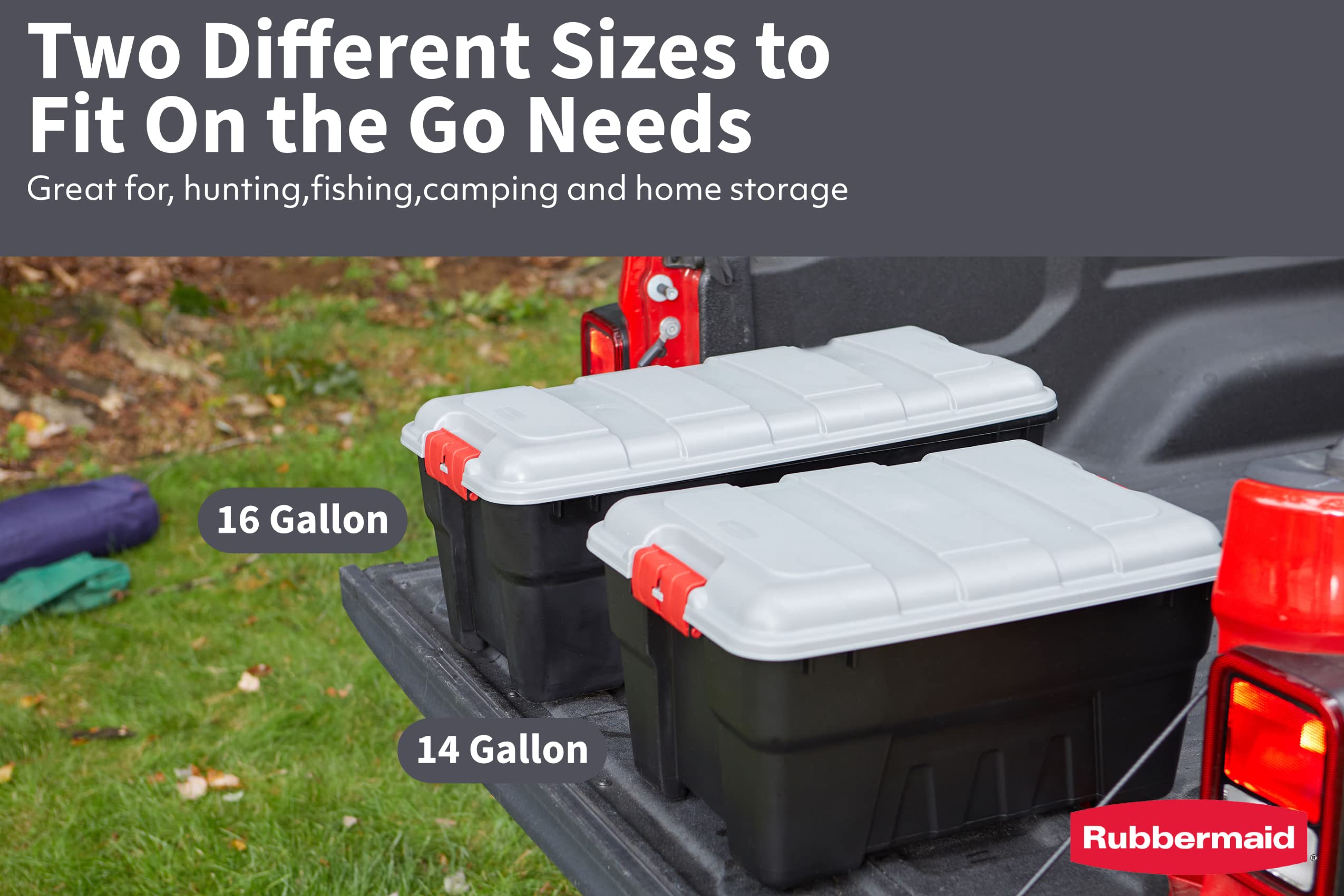 Rubbermaid Pack & Go 16 Gal Storage Tote, Durable Design and Easy to Transport, Built-In Handles, Tie Down Channels and Lockable Snap Tight Lid, Black Base with Gray Lid and Red Handles, Pack of 3