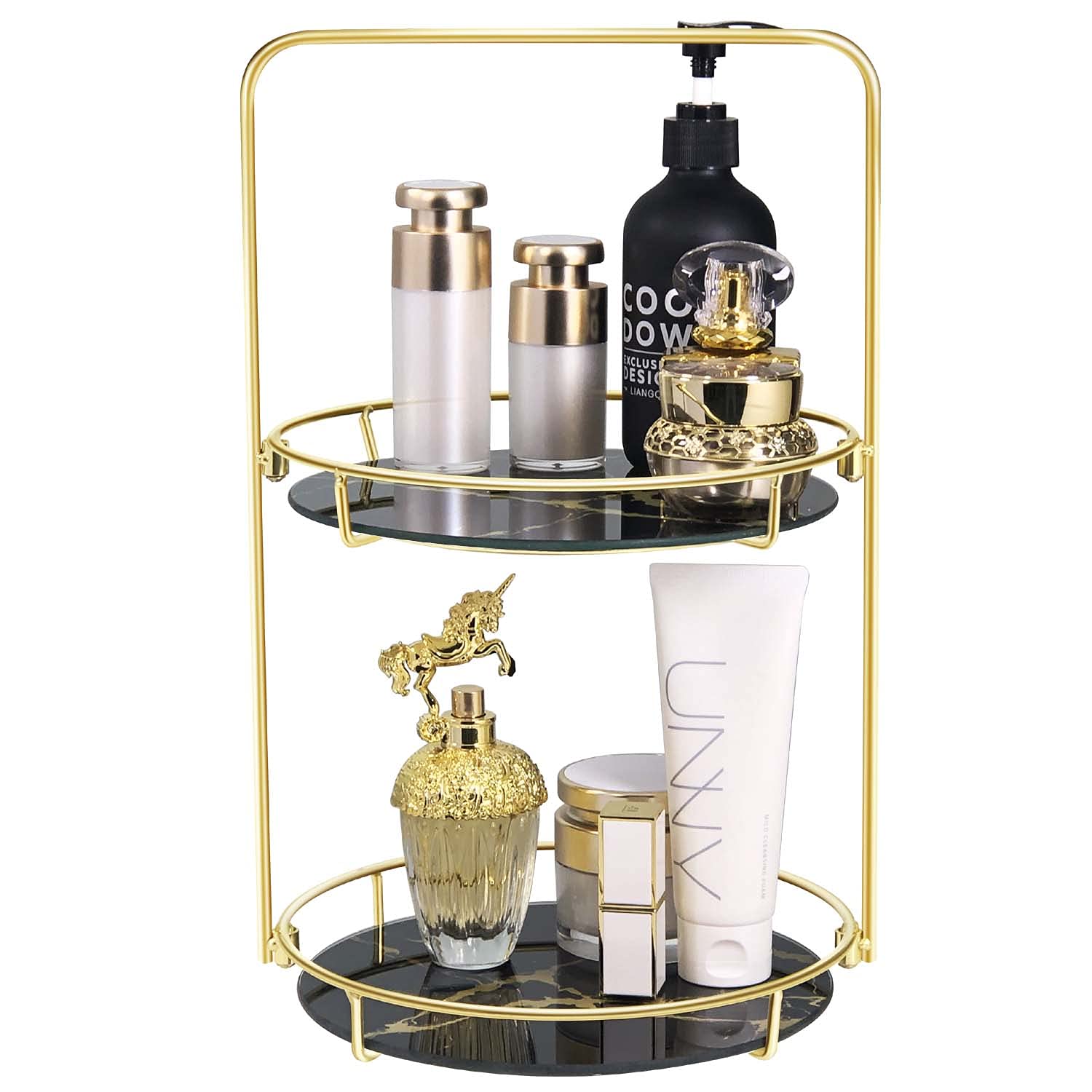 Simmer Stone Makeup Organizer Shelf, 2 Tier Cosmetic Storage Basket with Removable Glass Tray, Round Wire Vanity Organizer Rack for Dresser, Countertop, Bathroom and More, Gold