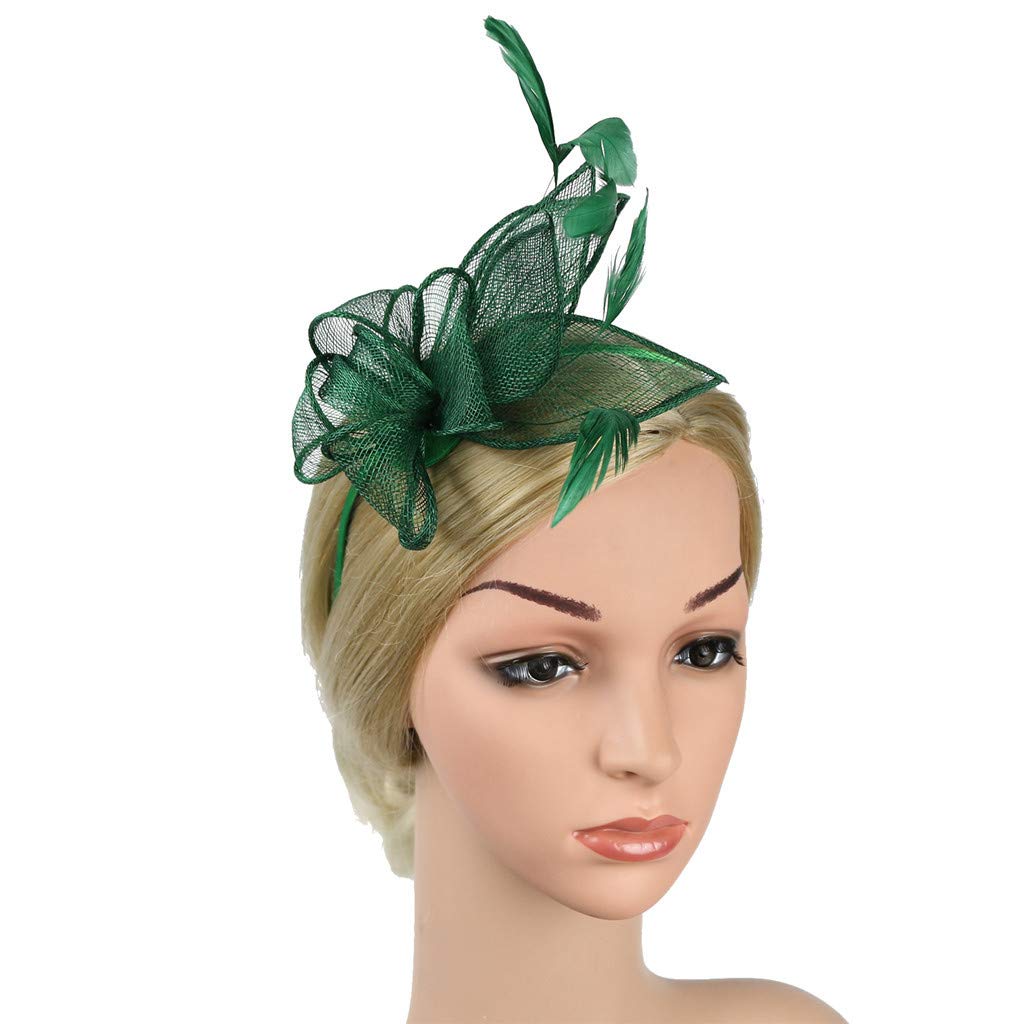 Women's Elegant Hat Strap Flower Feather Party Hat Hair Clip Headband Accessory Bride Sweatband (Green, One Size), 1 Count