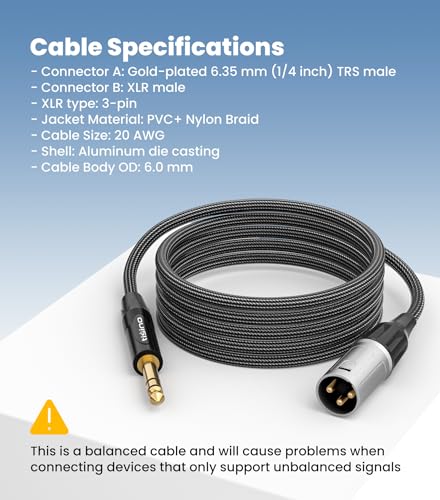 tisino 1/4" to XLR Cable, 6.35mm TRS to XLR Male Nylon Braid Quarter inch TRS to XLR Male Balanced Interconnect Microphone Cord Patch Cable - 3.3ft
