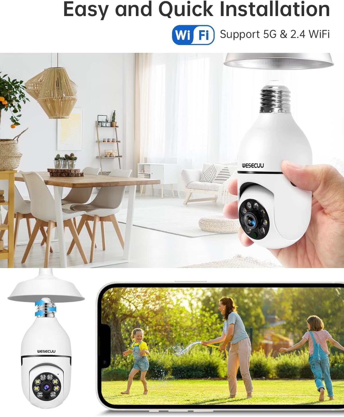 WESECUU Light Bulb Security Camera -5G& 2.4GHz WiFi 2K Security Cameras Wireless Outdoor Motion Detection and Alarm,Two-Way Talk,Color Night Vision,Human Detection, Bulb Camera Compatible with Alexa