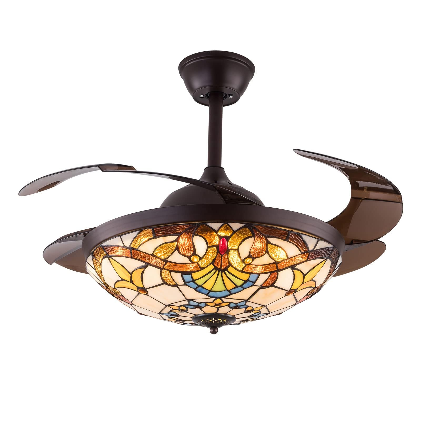 TFCFL 42 Inch Tiffany Style Invisible Ceiling Fan with Lights and Remote Control,Retractable Blades 3 Speeds 3 Light Changes Fandelier Chandelier Fan,Quiet Motor,Indoor Ceiling Lighting Fixture