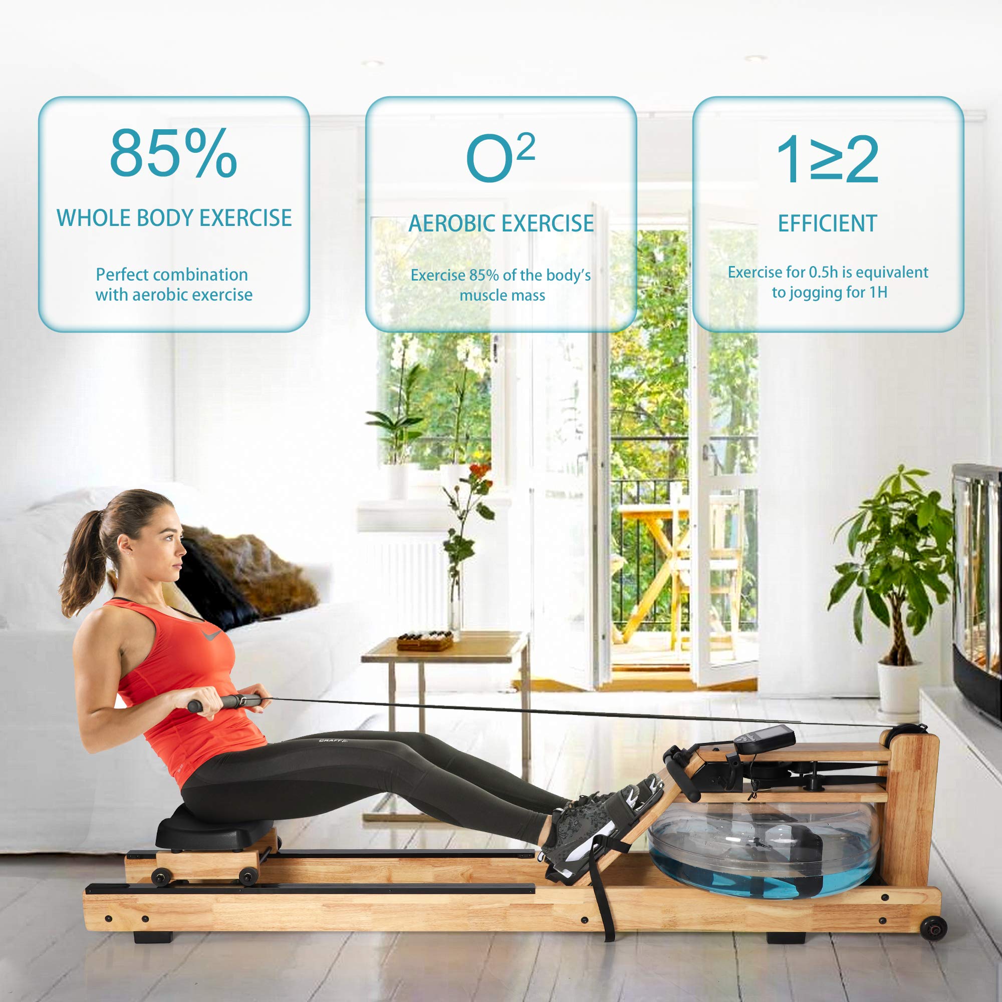Vilobos Rowing Machine Heavy Duty Wooden Rower with Water Resistance Adjustable LCD Display Monitor for Body Exercise Training in Home Gym (Oak)