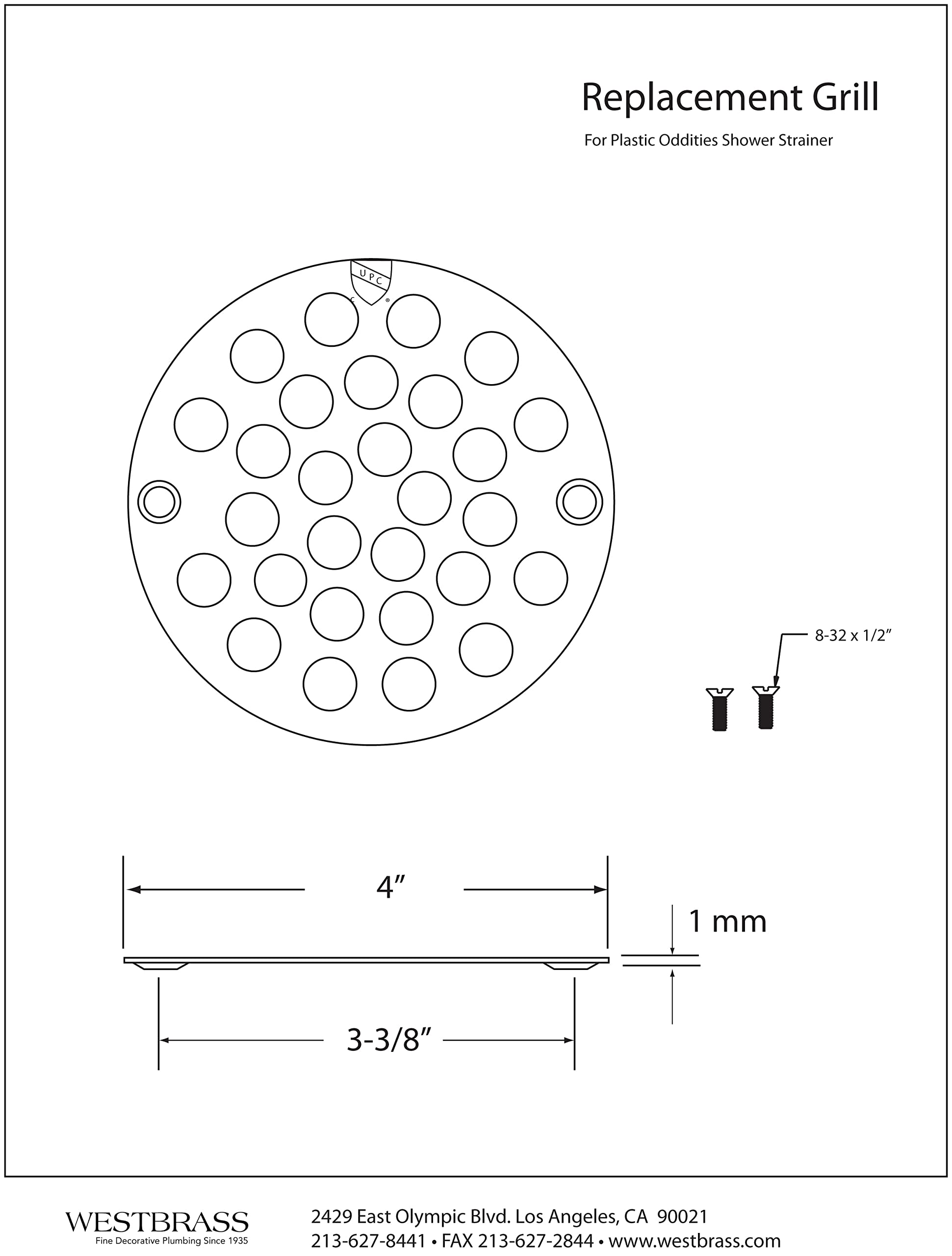 Westbrass A3192-62 4" OD Brass Shower Strainer Grid Drain Cover, Matte Black