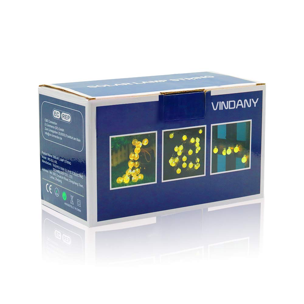 Vindany Outdoor Solar String Lights - 60 LED Decorative Fairy Lights String Light Solar Crystal Globe Waterproof Party Lights for Christmas Garden Wedding