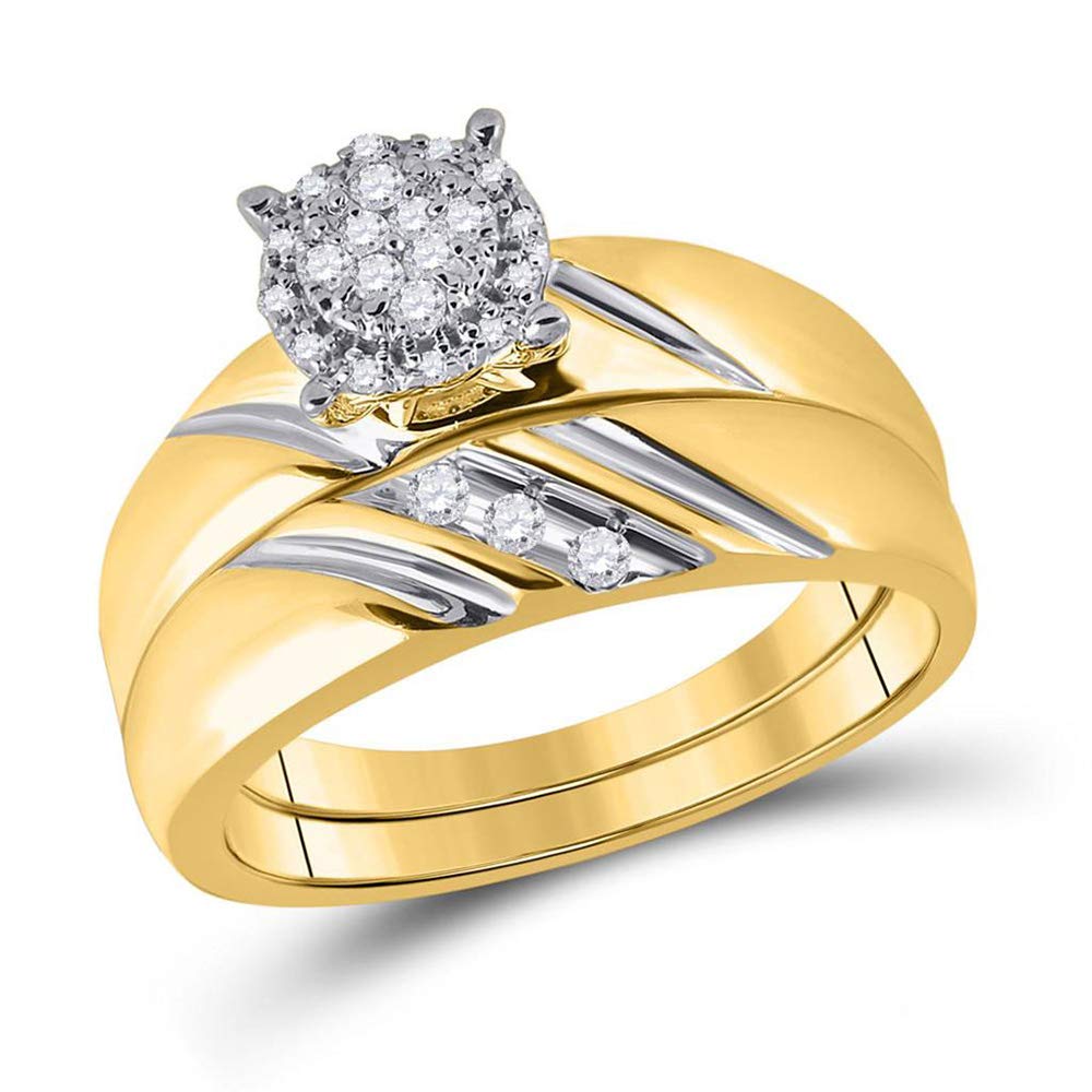 Sizes - L = 4, M = 10 - 10k Yellow Gold Diamond Wedding Mens And Ladies Couple His & Hers Trio 3 Three Ring Bridal Matching Engagement Wedding Ring Band Set (0.19 cttw.) - Please use drop down menu to select your desired ring sizes