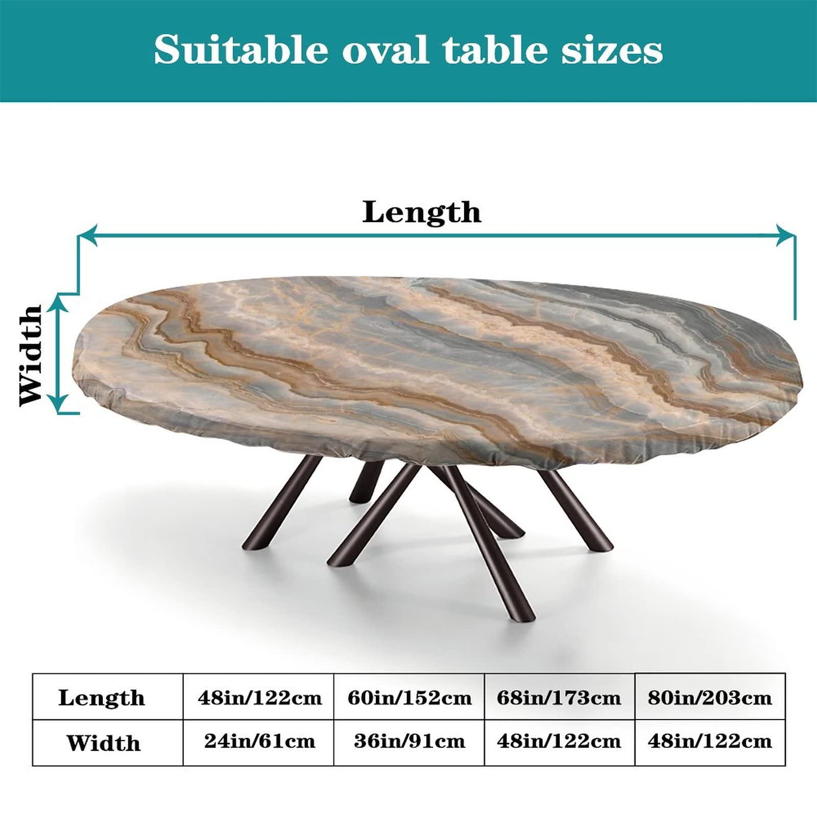 SCGOLD Fitted Oval Elastic Edge Tablecloths, Agate Marble Waterproof Wipe Clean Table Cloth, for Outdoor Picnic Camping and Indoor Kitchen Dining Party, Fits for 48" x 68" Oval Table