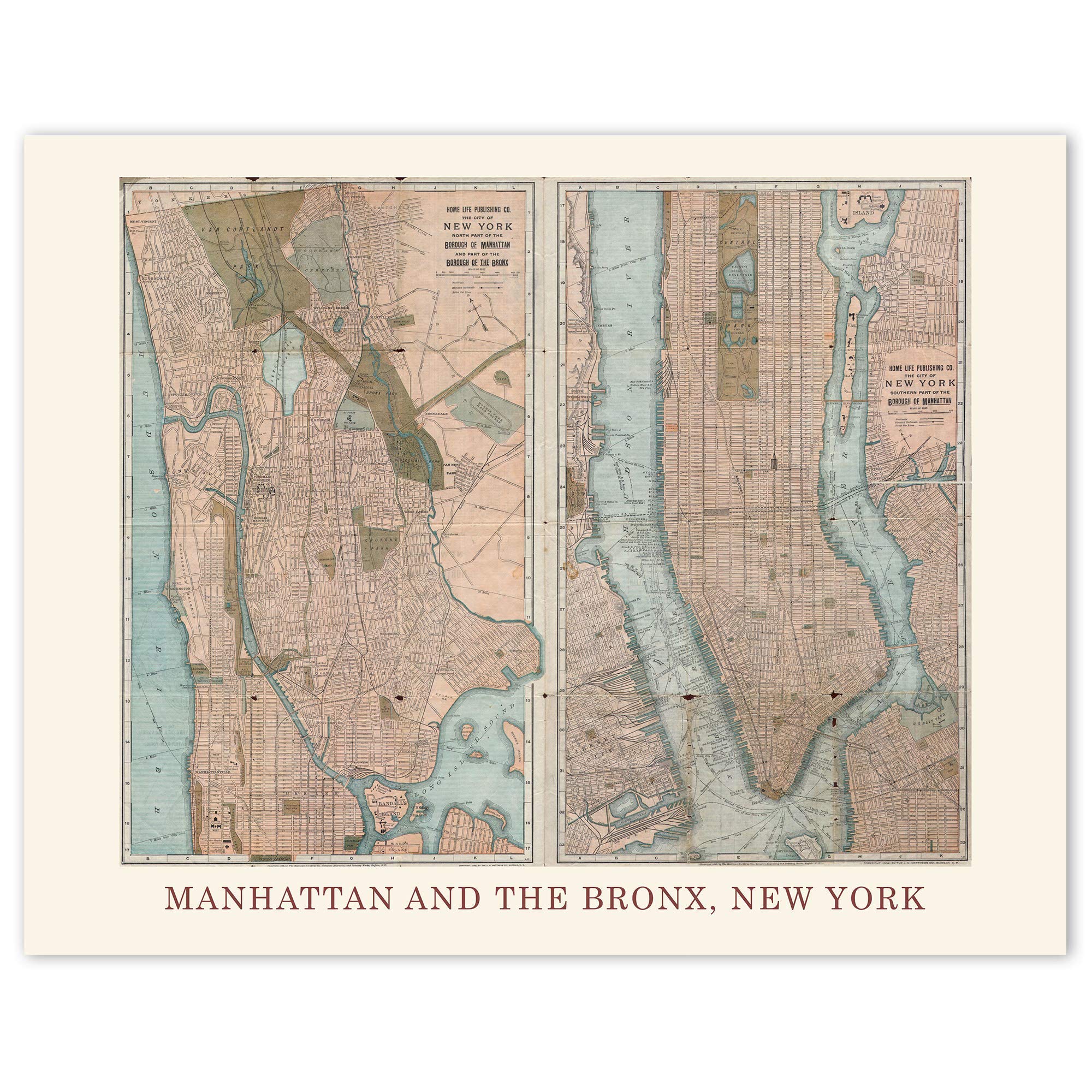 Vintage New York Manhattan Bronx Map Replica Prints, 1 (11x14) Unframed Photos, Wall Art Decor Gifts for Home Geography Office Travel Studio Library Garage School College Student Teacher Coach Fans