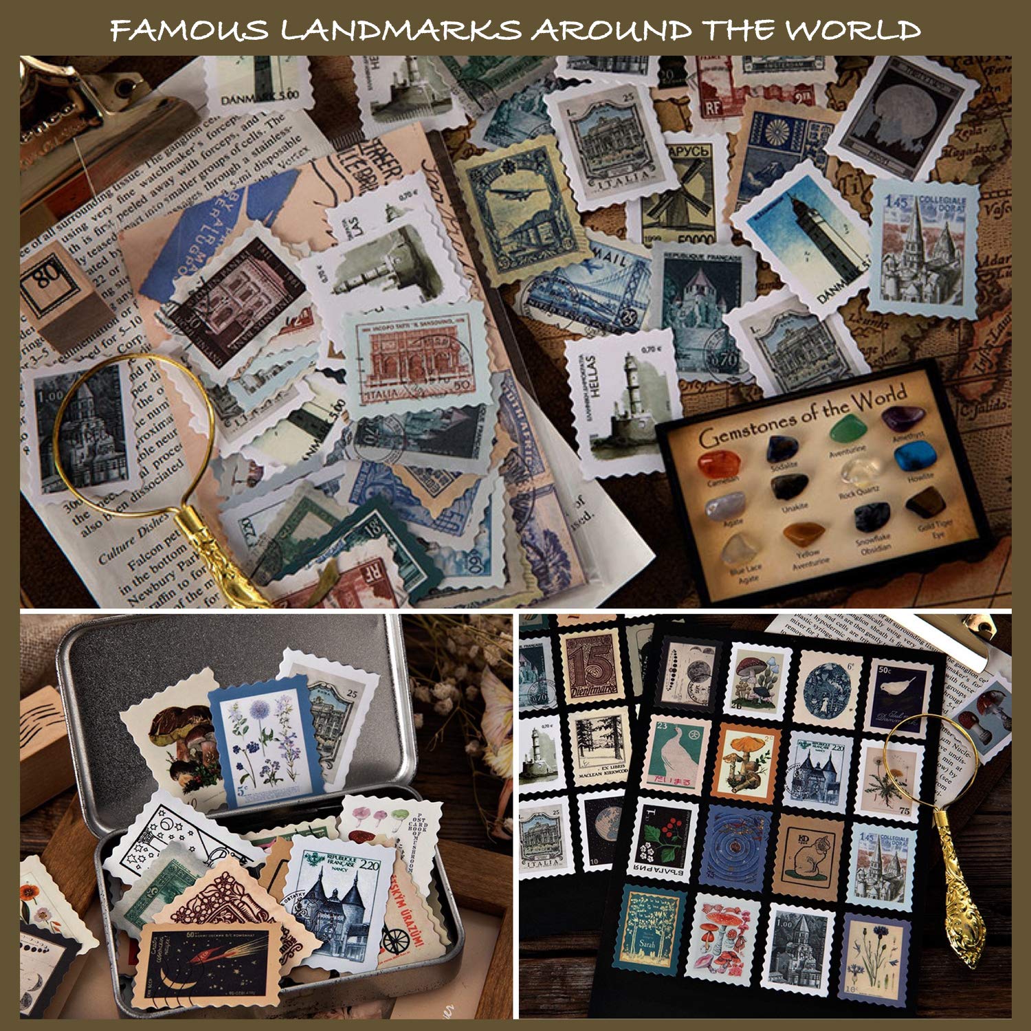 Vintage Postage Stamp Stickers Set (276 Pieces) - Botanical Deco Sticker for Scrapbooking, Bullet Journaling, Junk Journal, Planners, Bujo Travel Diary, Nature Plant Ephemera