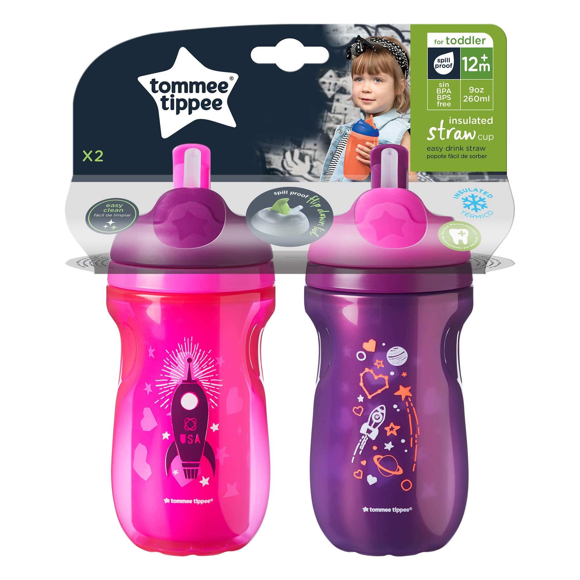 Tommee Tippee Insulated Toddler Straw Sippy Cup Tumbler | 12+ Months, Pink & Purple – 2 Count