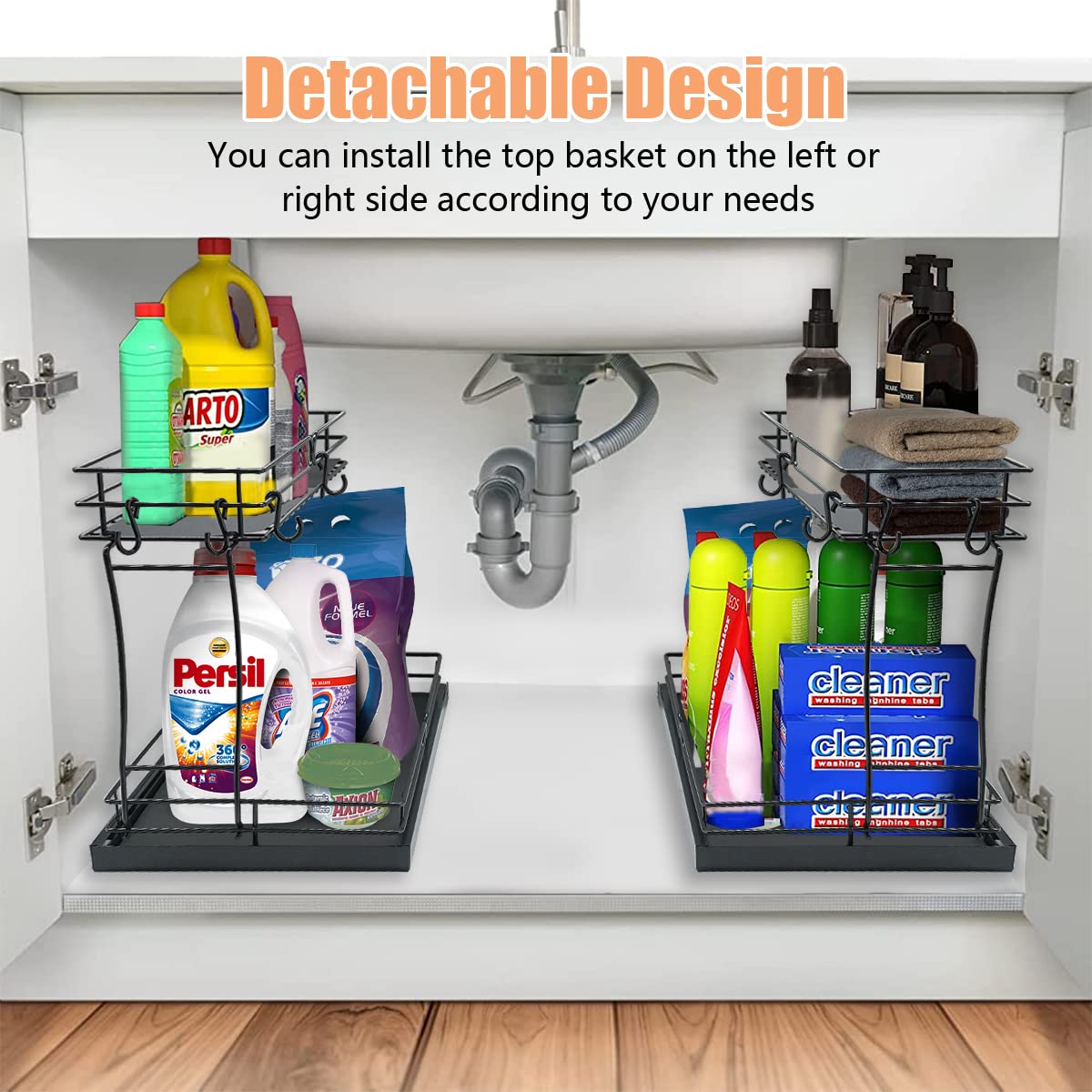 YANCONGLIDEYAN Pull Out Cabinet Organizer 2 Tier Under Sink Cabinet Organizer Storage Shelf with Sliding Storage Basket for Kitchen Bathroom Laundry Room, Request at Least 11 inch Cabinet Opening
