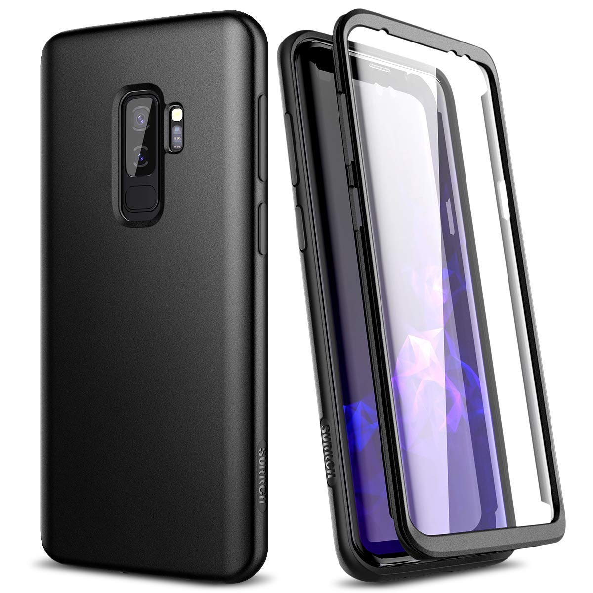 SURITCH for Samsung Galaxy S9 Plus Case, [Built-in Screen Protector] Matte Black Hard Full-Body Protection Shockproof Rugged Bumper Protective Cover for Galaxy S9 Plus 6.2 Inch (Matte Black)