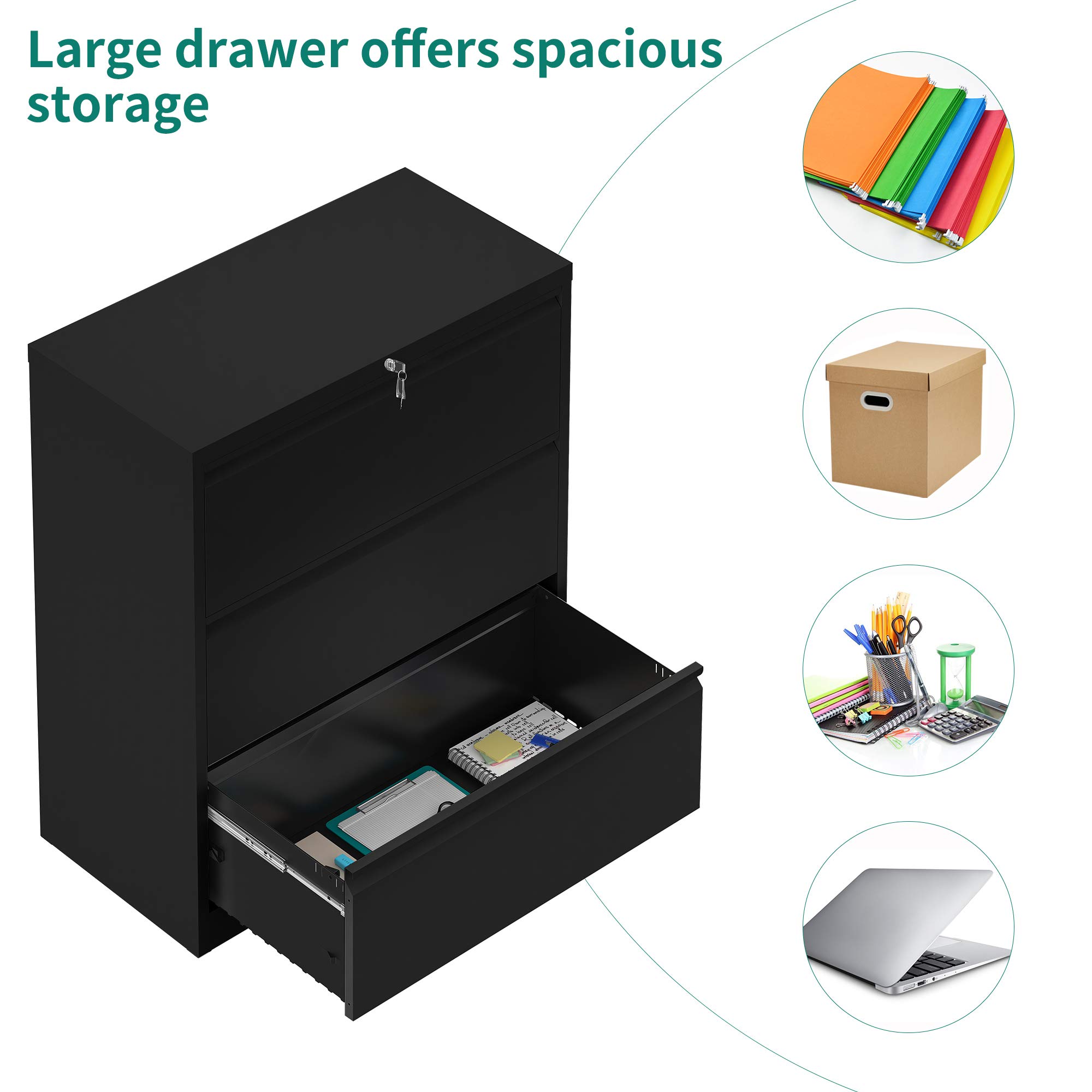 YITAHOME 2 Drawer Lateral File Cabinet, Stainless Steel Wide Lateral File Cabinet with Lock, Metal Filing Storage Cabinet for Legal/Letter A4 Size, Assembly Required,Office Organizer (Black)