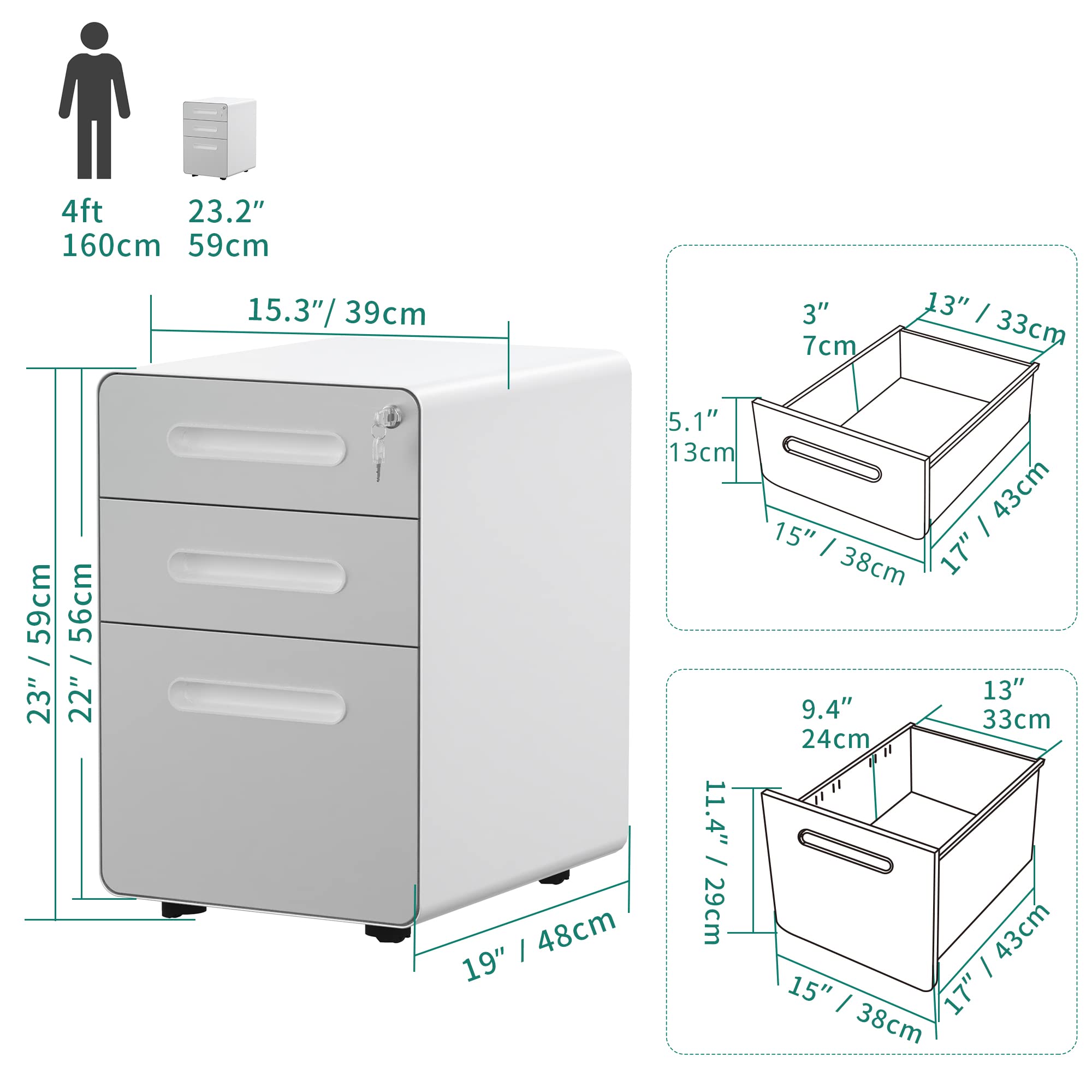 YITAHOME 3-Drawer Rolling File Cabinet, Metal Mobile File Cabinet with Lock, Filing Cabinet Under Desk fits Legal/A4 Size for Home/Office, Fully Assembled-Gray and White