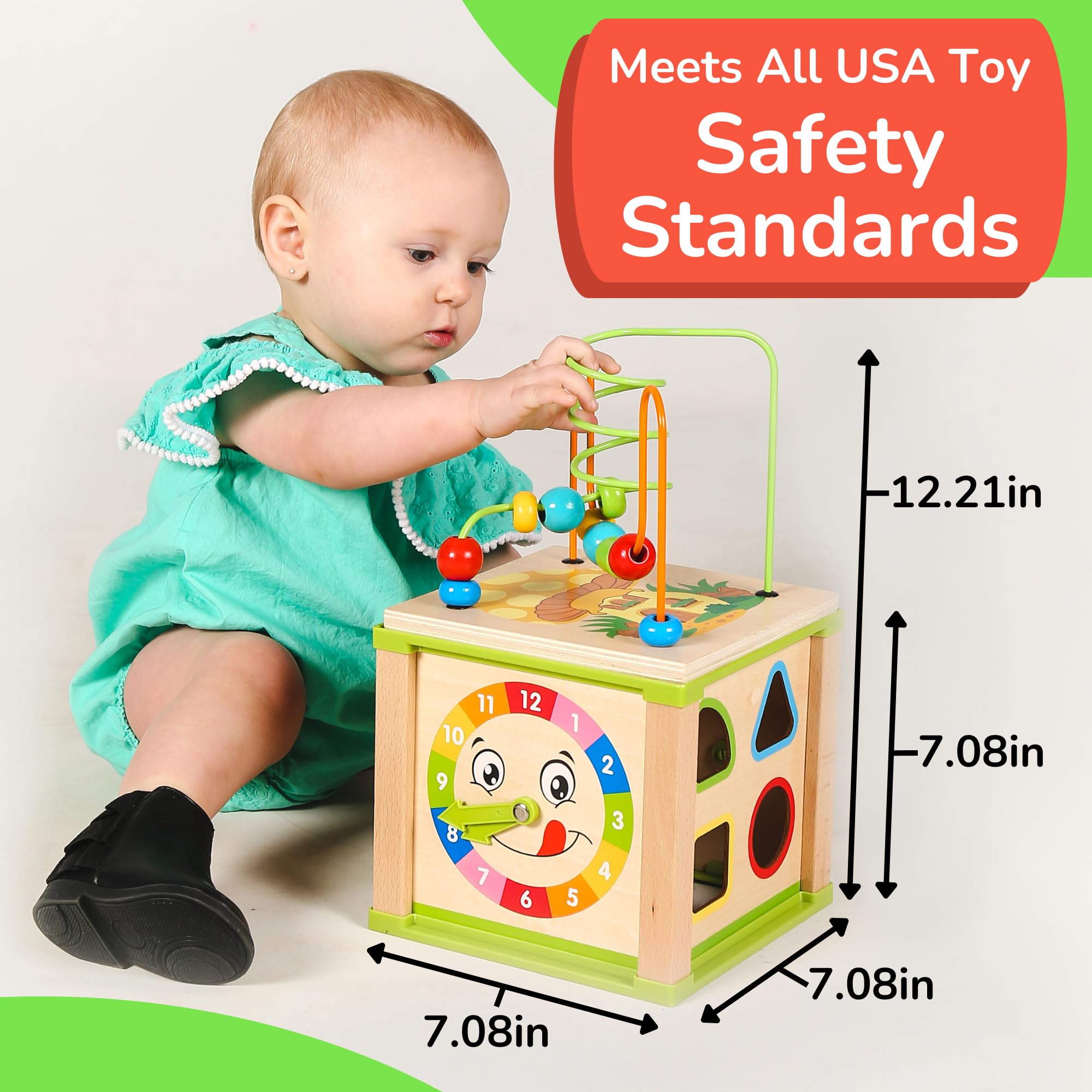 TOYVENTIVE Wooden Activity Cube, Montessori Toys, Multipurpose Educational Sensory Toy for 1-2 Year Old Baby, Toddler, Kid, Boy | Birthday Gift | Bonus First Words Book