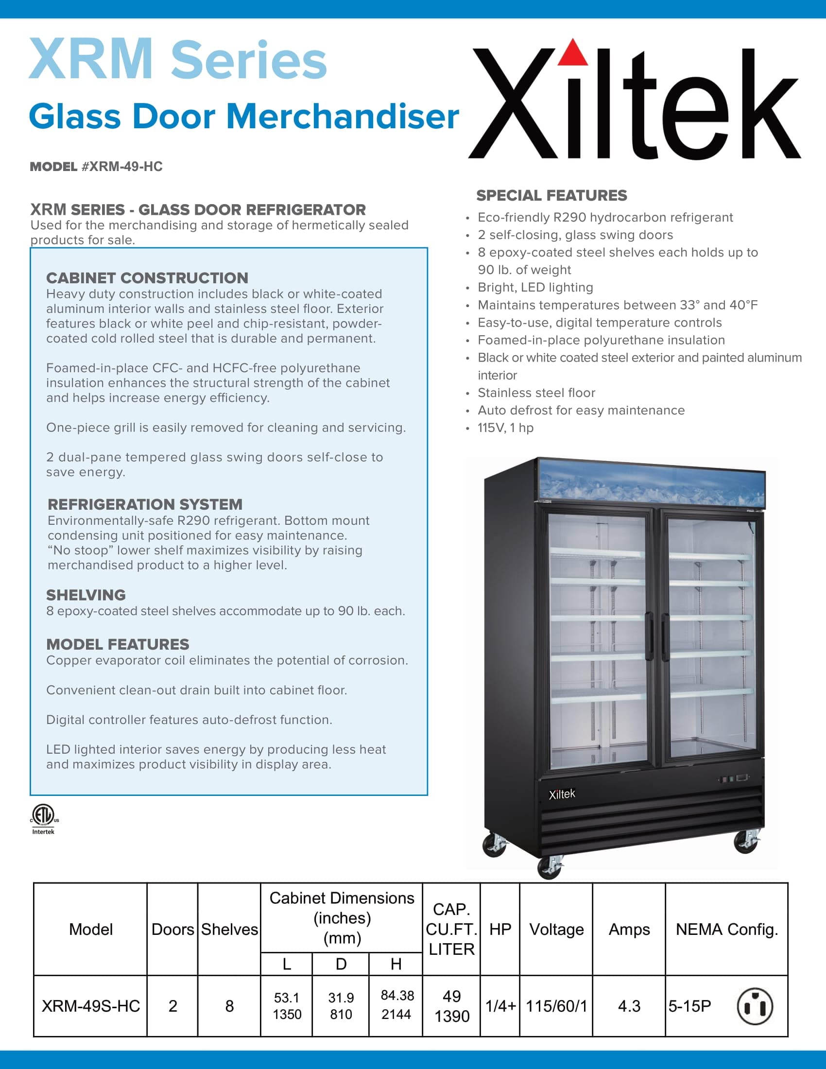 Xiltek Large Capacity Glass Front Double Door Display Cooler - Merchandiser Refrigerator- 45 Cu Ft