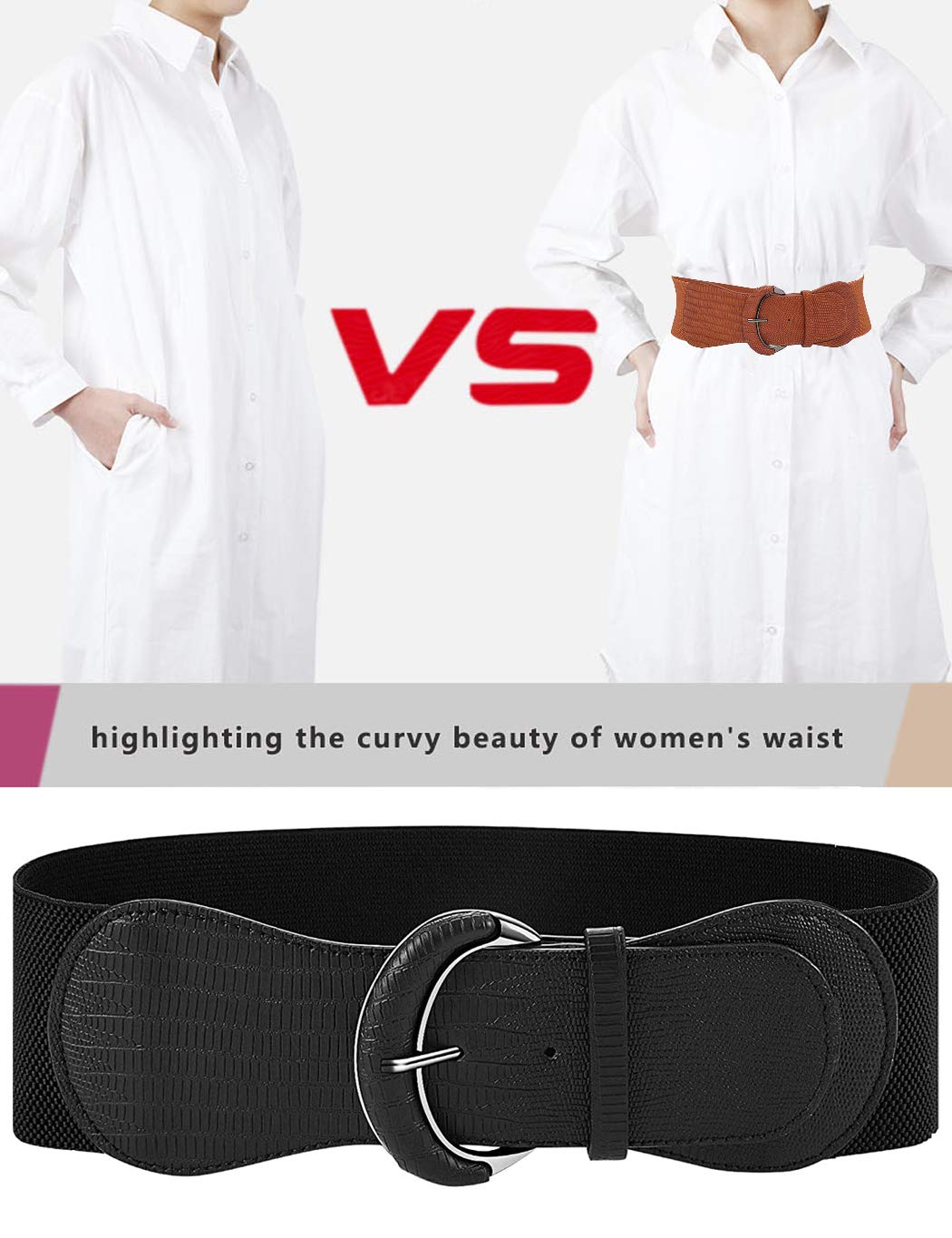 Yuni Sophy 3 pieces of women's wide belts, waist belts, leather elastic belts, ladies dresses, decorative belt hooks (Black, Large)