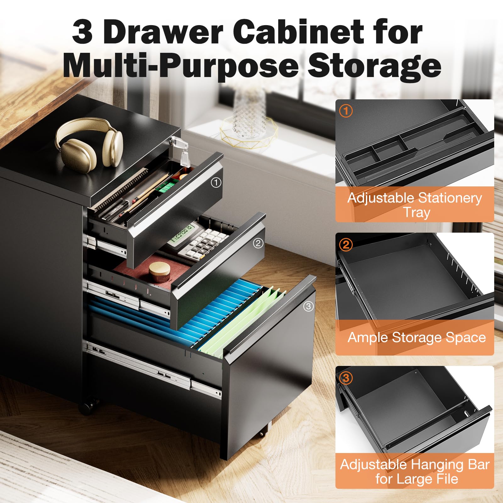 Sweetcrispy File Cabinet - 3 Drawer Locking Metal Mobile Rolling Filing Cabinet, Wheels & Pre-Assembled Under Desk Storage A4/Letter/Legal Home Office Small File Cabinet - Black