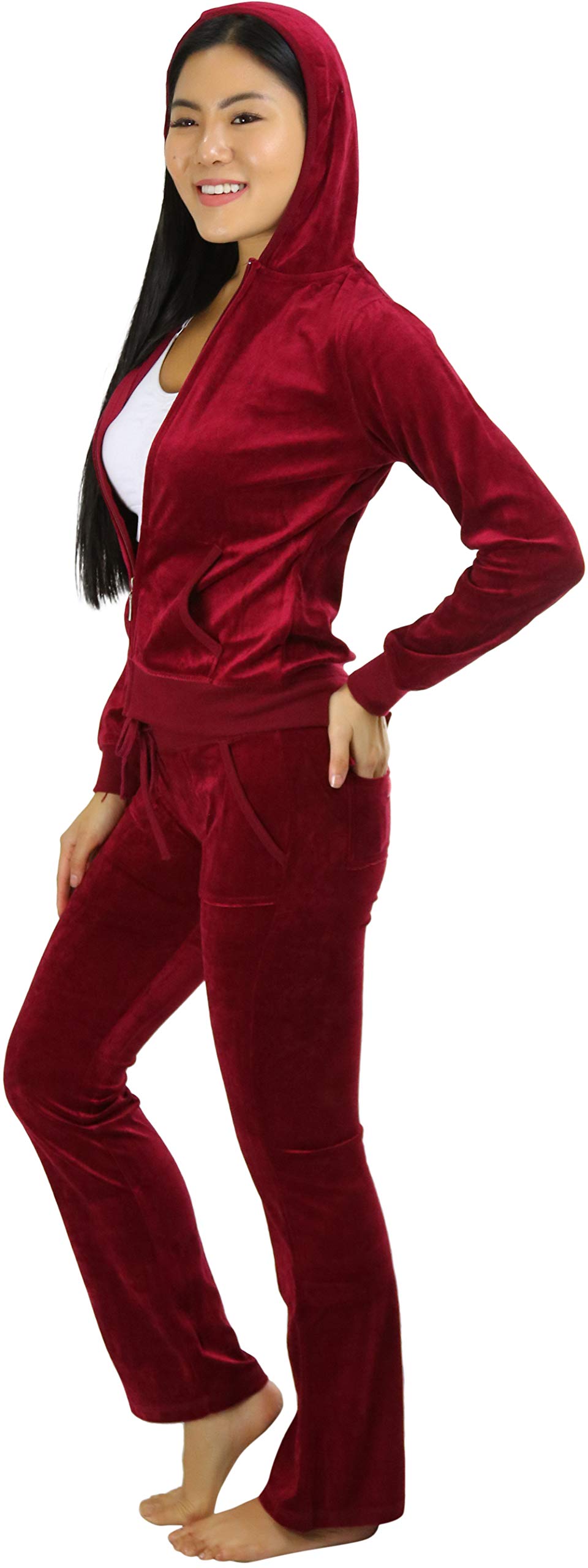 ToBeInStyle Women’s Cozy Lounge Velour Hooded Jacket and Matching Pants - Burgundy - M
