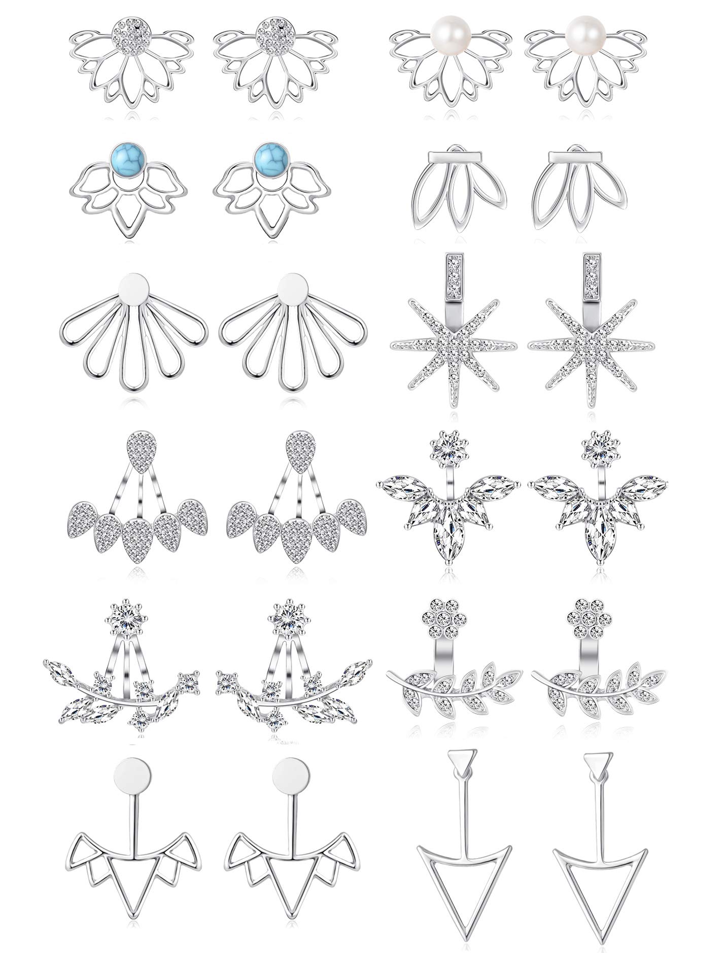 Tornito 12 Pairs Lotus Flower Earring Studs Chic CZ Earrings Jackets For Wome Silver Tone