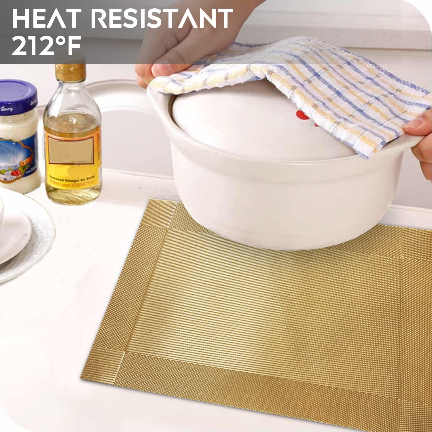 Trophable Placemats Set of 6, Table Placemats Heat Resistant Woven Placemats Washable PVC Place Mats Woven Vinyl Placemats Non-Slip Stain Resistant Kitchen Table Placemats Easy to Clean (Gold)