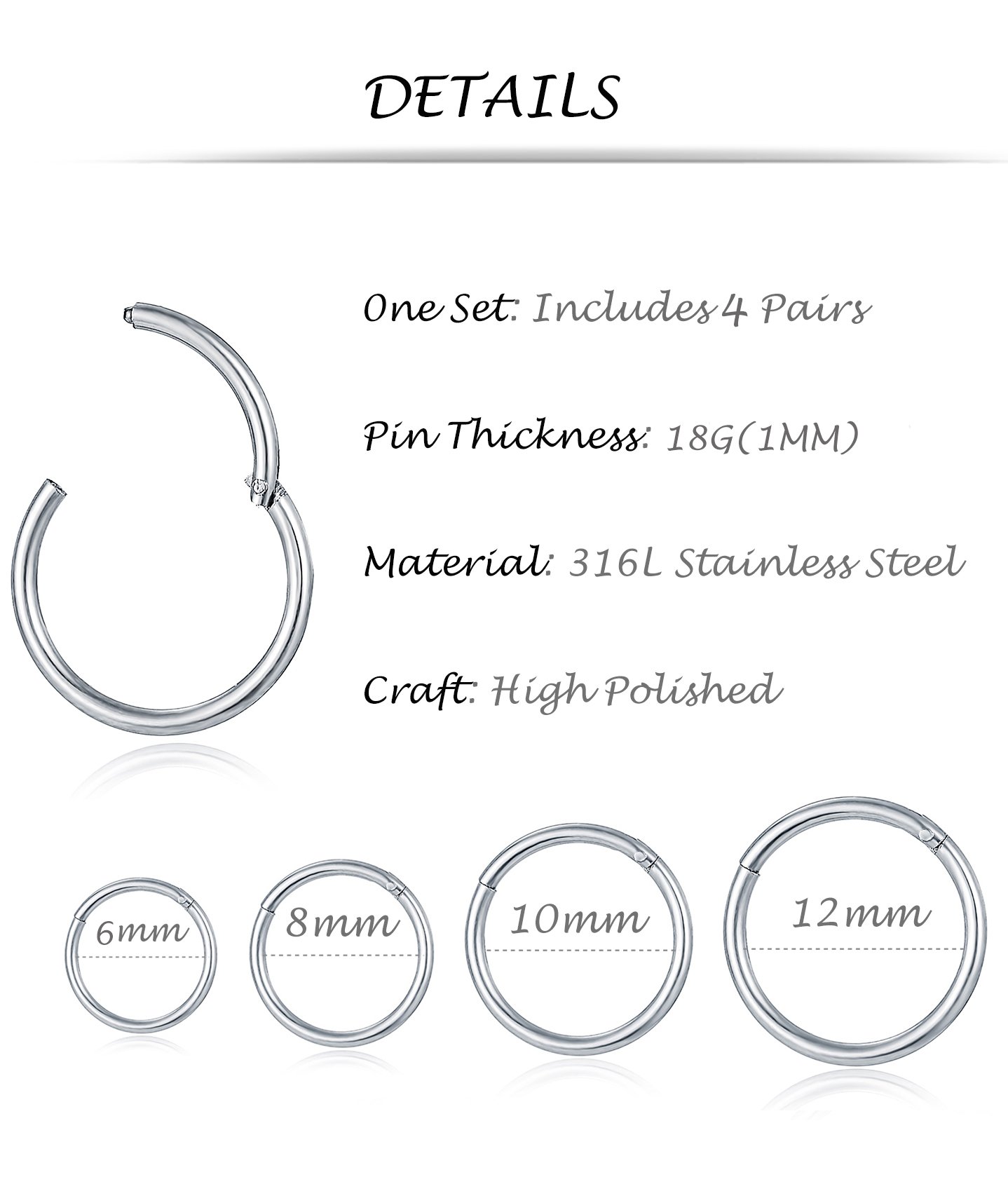Tornito 8Pcs 18G Stainles Steel Clicker Ring Seamless Lip Nose Daith Cartilage Helix Tragus Hoop Ring