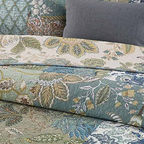 Quilted Bedspread Double King Size Blue Floral Comforter Patchwork 3 Pcs Beding Sets (1 Bedspreads + 2 Pillow Shams) (Queen)