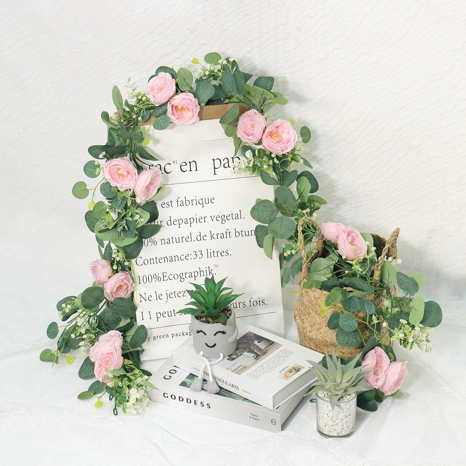 TOCHGREEN 2 Pack 13Ft Artificial Eucalyptus Flower Garland with Pink Roses, Fake Rose Flower Greenery Garland Floral Vines for Wedding Home Party Table Runner Decor (2PCS, Pink)