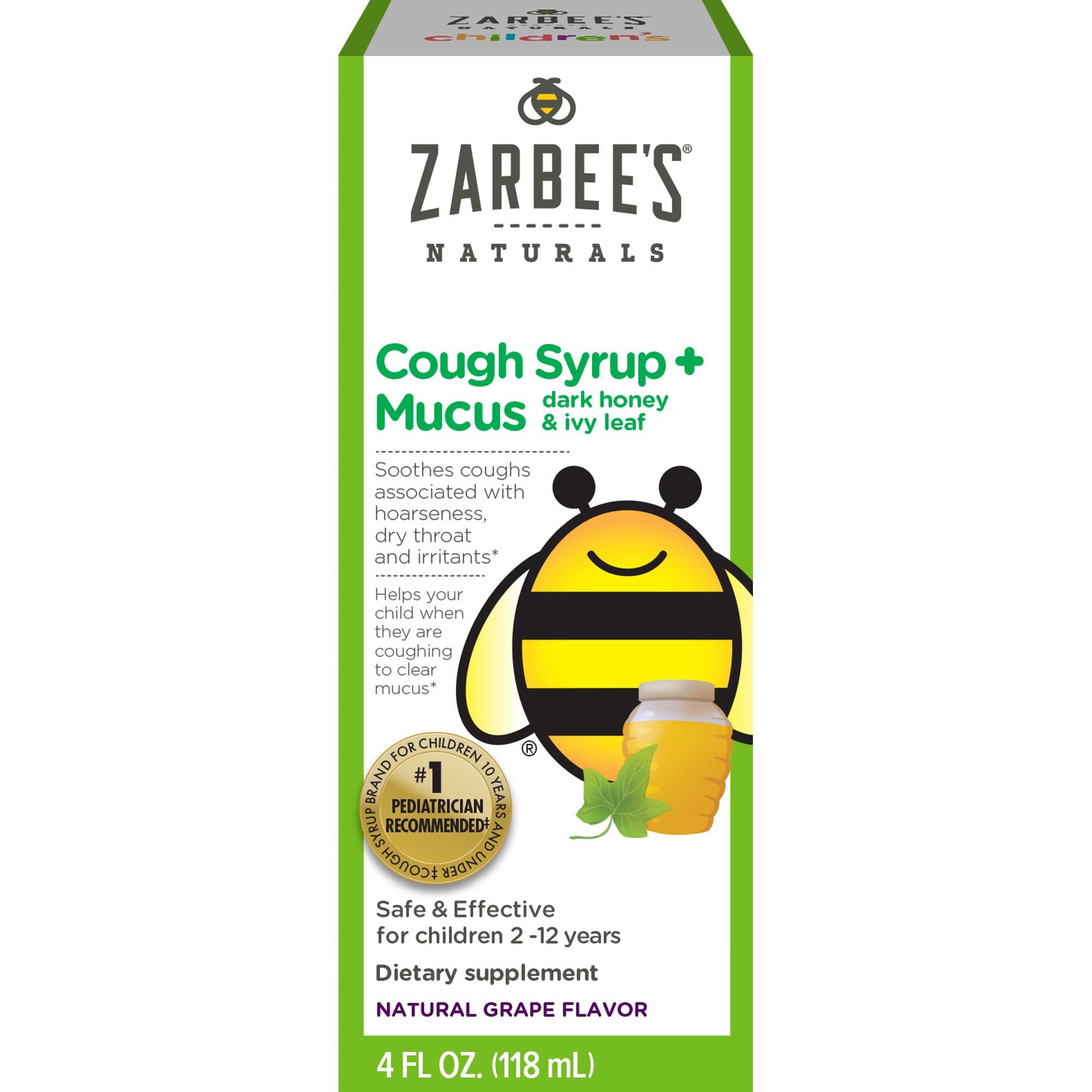 Zarbee's Natural Children's Cough Syrup + Mucus With Dark Honey Natural Grape Flavor- 4oz, Pack of 3