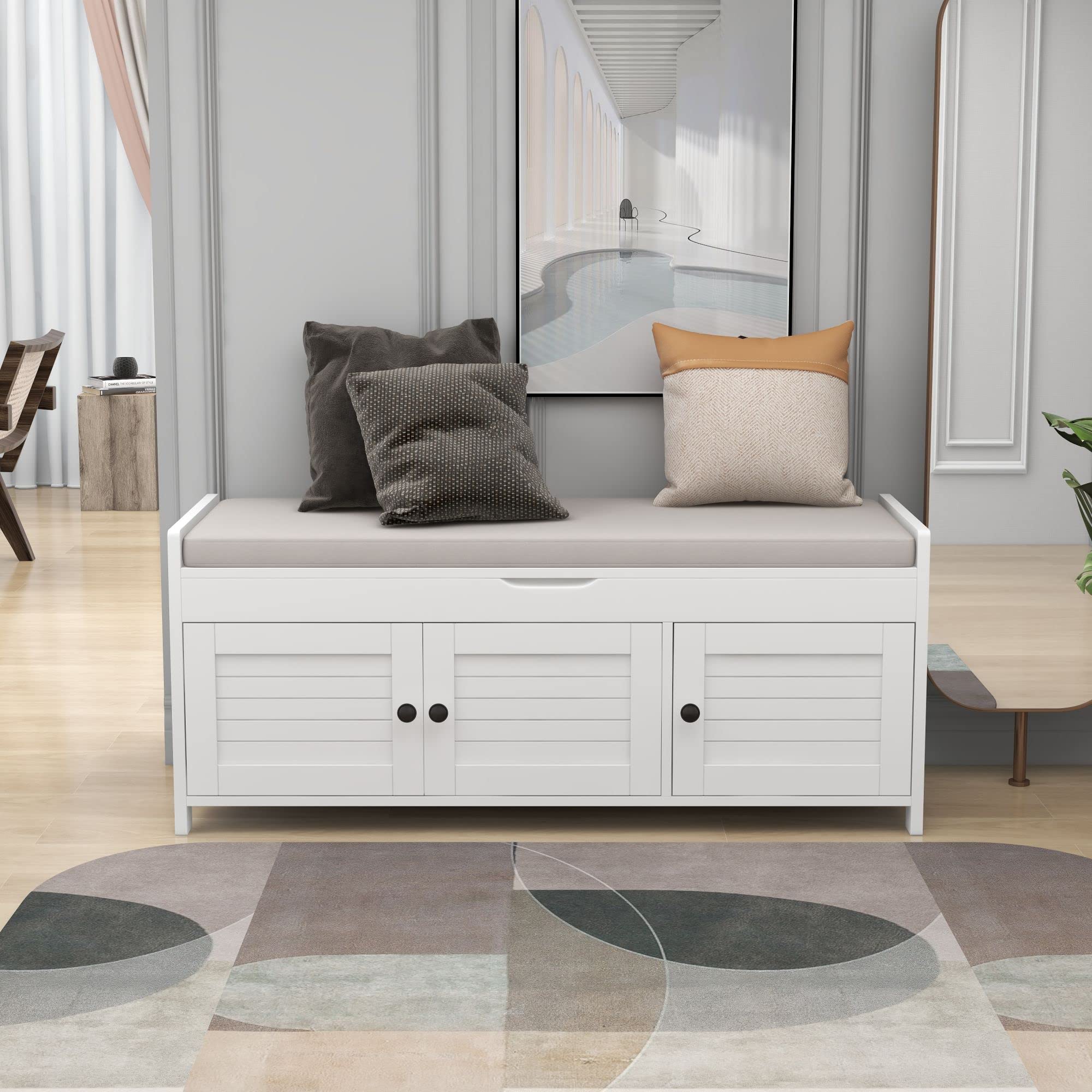 RUNNA Storage Bench with 3 Shutter-Shaped Doors Wood Entryway Bench Shoe Bench with Removable Cushion and Hidden Storage Space Saving,Great for Foyer entrances (White#1)