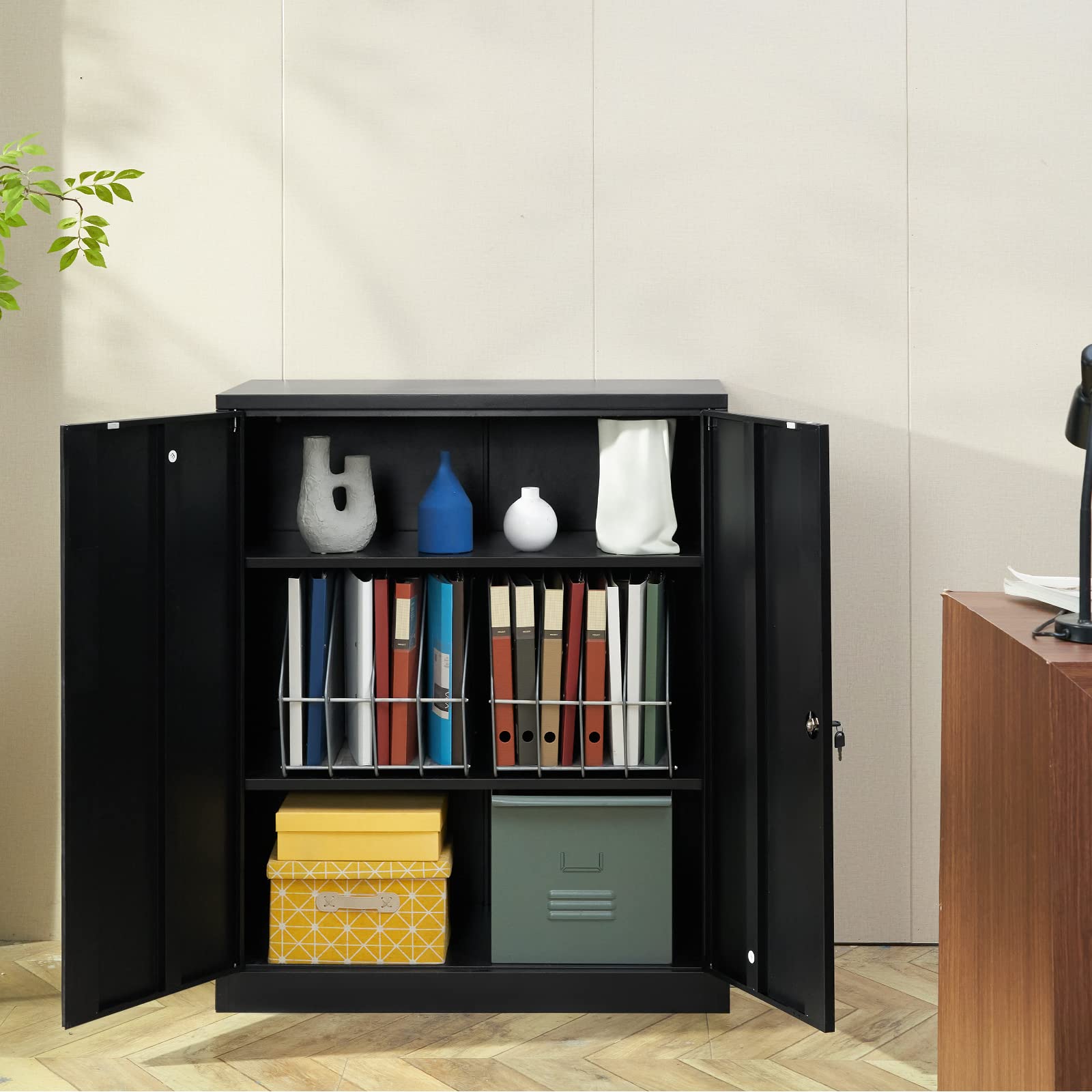 VEVOR Metal Storage Cabinet with 2 Magnetic Doors and 2 Adjustable Shelves, 200 lbs Capacity per Shelf, Locking Steel Storage Cabinet, 42'' Metal Cabinet with 3 Keys, for Office, Garage, Home